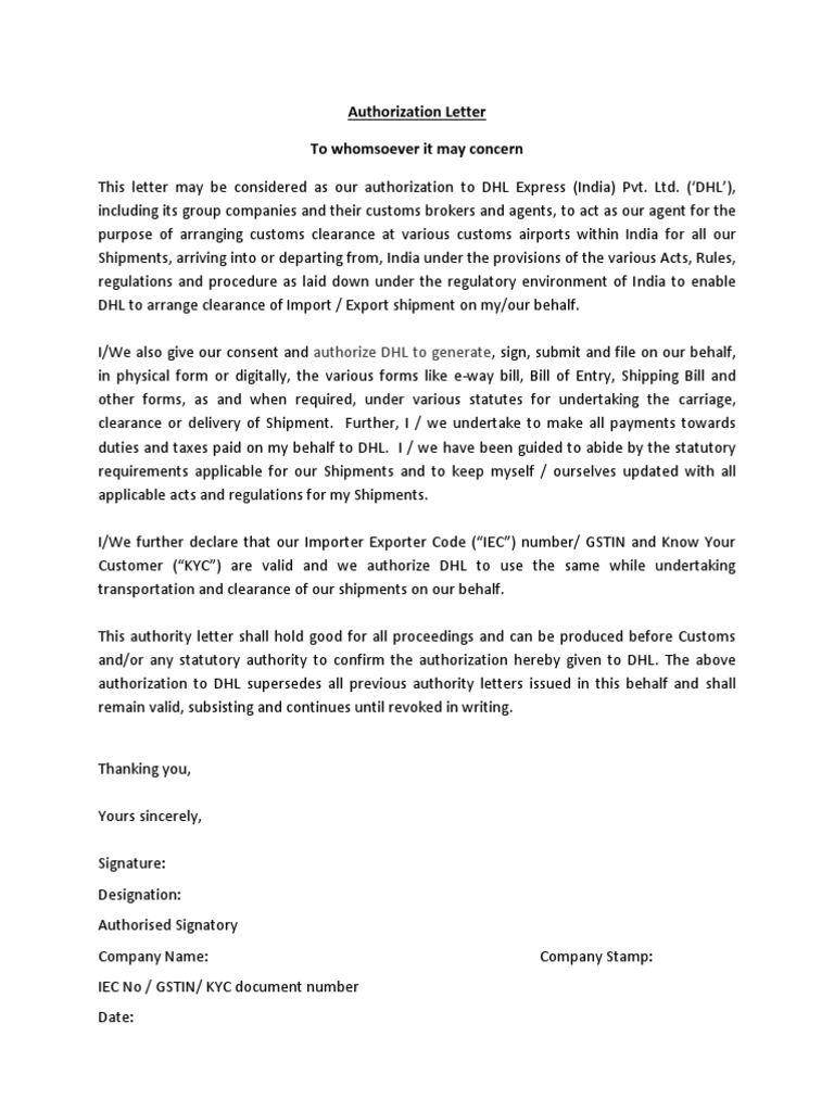 DHL Authorization Letter for Customs | PDF
