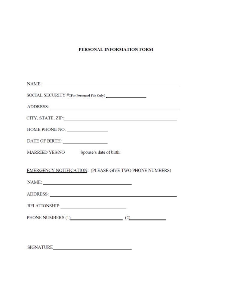 Blank Personal Information Sheet | PDF