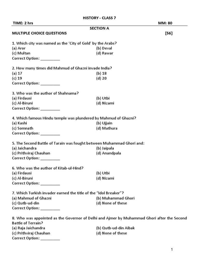 History - Class 7 TIME: 2 Hrs MM: 80 Section A Multiple Choice ...