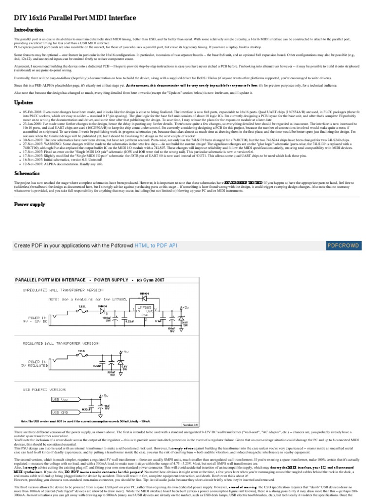 16x16 Parallel Port MIDI Schematic | PDF | Usb | Power Supply