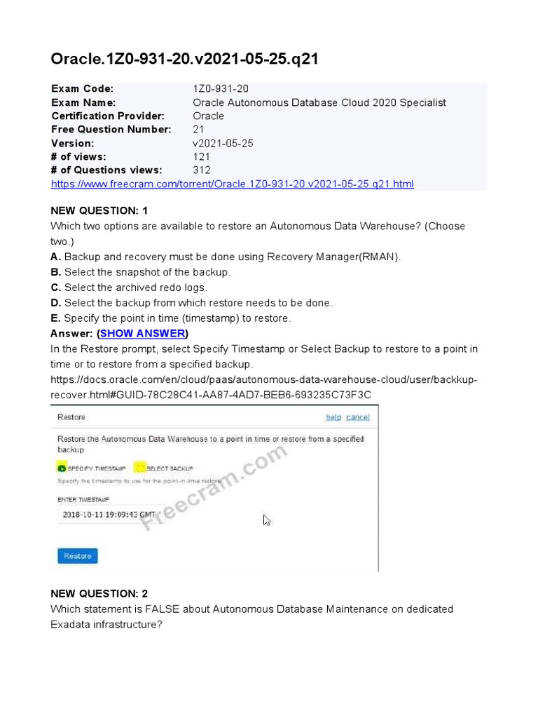 Oracle.1Z0-931-20.v2021-05-25.q21: Show Answer | PDF | Databases ...