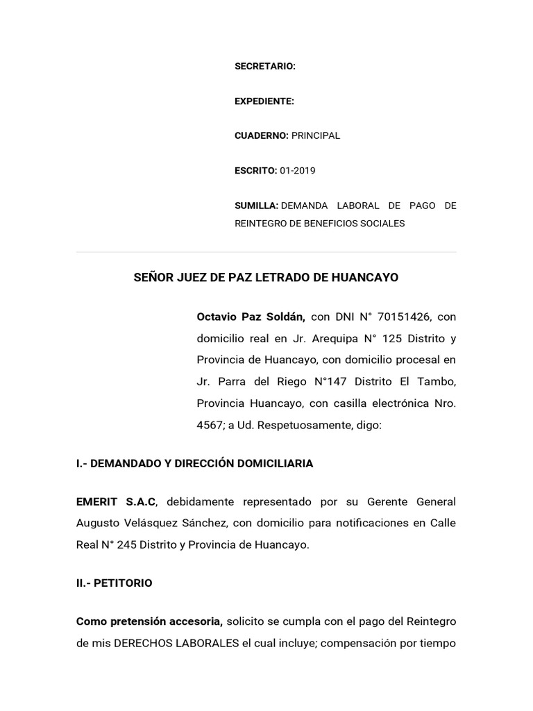 Modelo de Demanda de Liquidacion de Beneficios Sociales | PDF | Salario | Derecho laboral