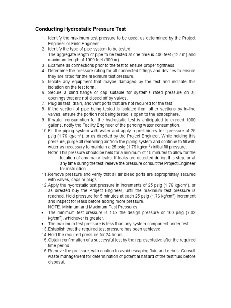 Hydrostatic Pressure Testing Procedure | PDF | Leak | Pressure