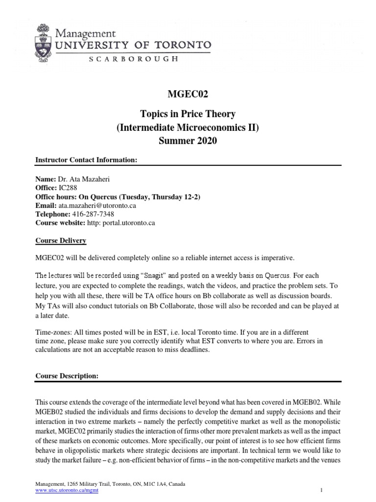 MGEC02 Topics in Price Theory (Intermediate Microeconomics II) Summer ...