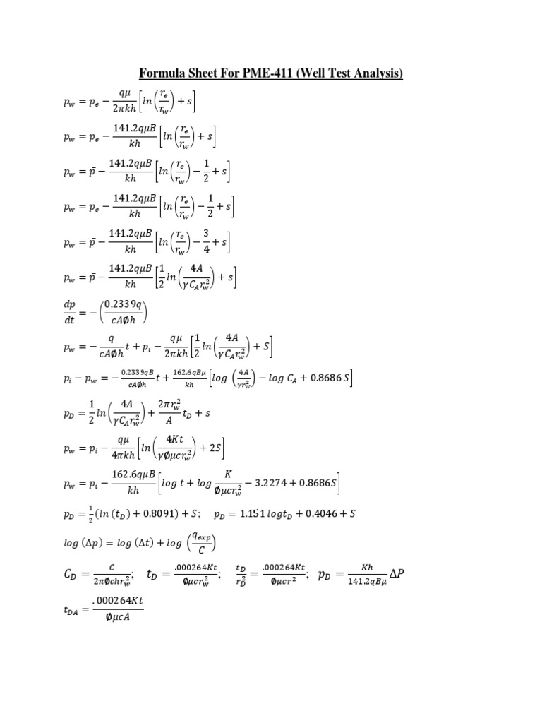 Formula Sheet For PME-411 (Well Test Analysis) | PDF