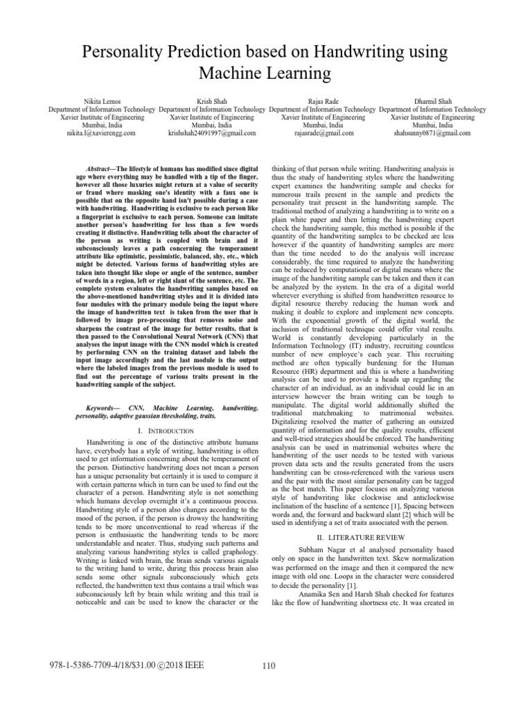 Personality Prediction Based On Handwriting Using Machine Learning ...