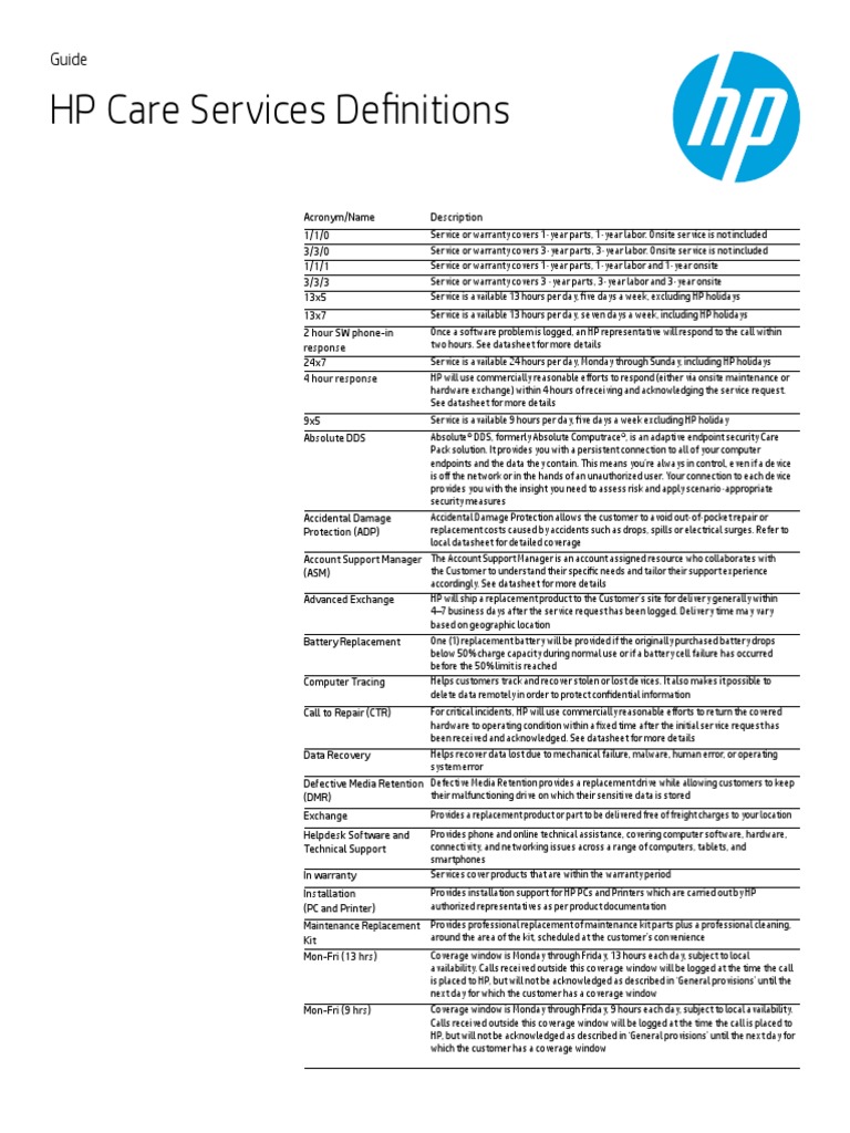 HP Care Services Definitions: Guide | PDF | Hewlett Packard | Malware