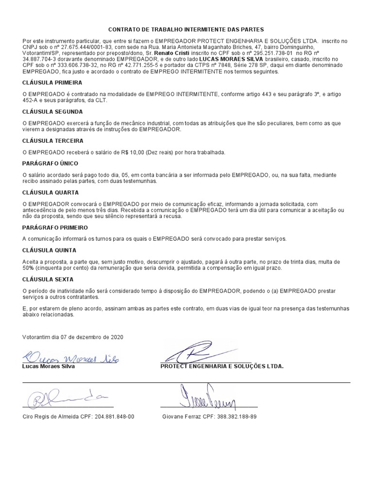 Modelo de Contrato de Trabalho Intermitente | PDF