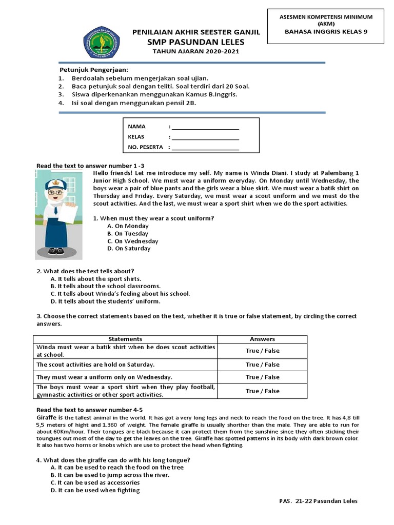 Soal AKM PAS B Ing 8 | PDF | Giraffe