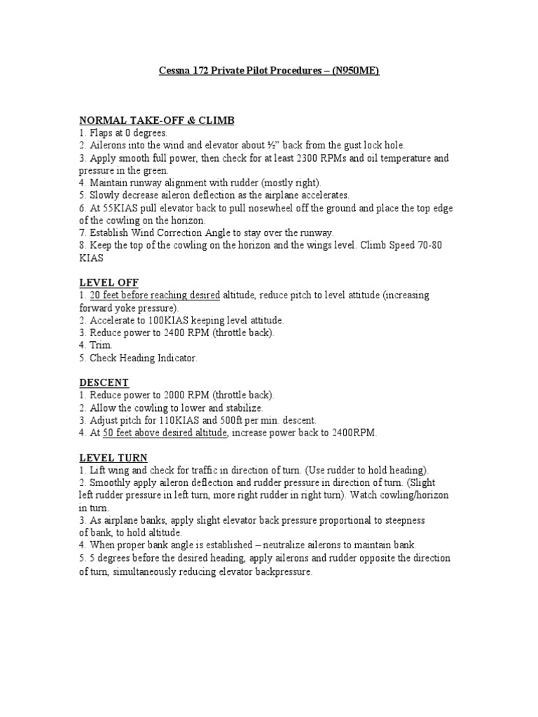 Cessna 172 Private Pilot Procedures - (N950ME) | PDF | Aileron | Rudder