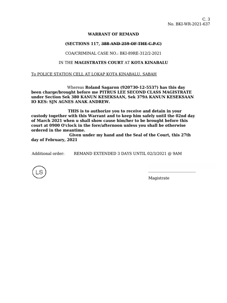 Warrant of Remand (2021-02-27) | PDF | Technology & Engineering