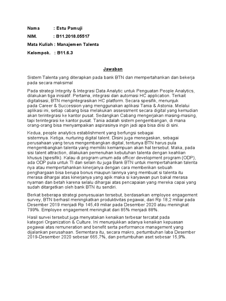 Bank BTN (Estu Pamuji) (B11.2018.05517) | PDF | Bisnis