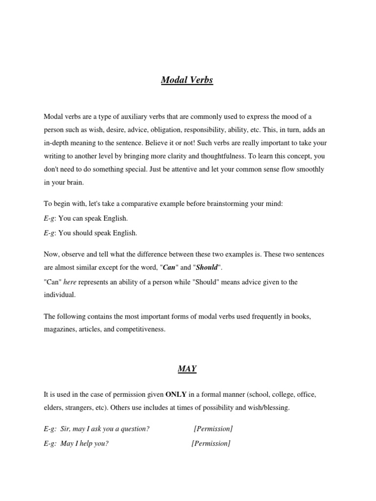 Modal Verbs Definities, Its Types (May, Can, Could, Should, Must and ...