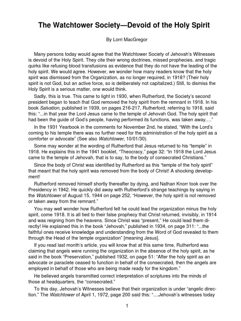 The Watchtower Society-Devoid of The Holy Spirit | PDF | Jesus | Holy ...