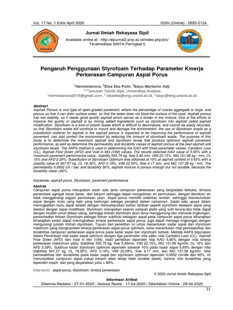 Pengaruh Penggunaan Styrofoam Terhadap Parameter Kinerja Perkerasan Campuran Aspal Porus | PDF ...