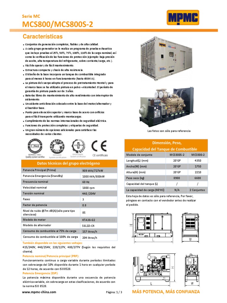 MC800 S - 2 Technical Data (KTA38-G2) ESP | PDF | Generador eléctrico ...