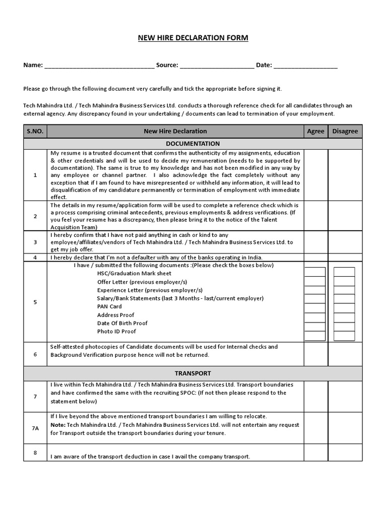 New Hire Declaration Form: Name: - Source: - Date | Download Free PDF ...
