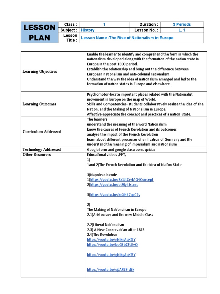LESSON PLAN History | PDF | Educational Assessment | Nationalism