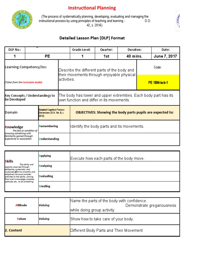 Detailed Lesson Plan (DLP) Format: 1 PE 1 1st 40 Mins. June 7, 2017 ...
