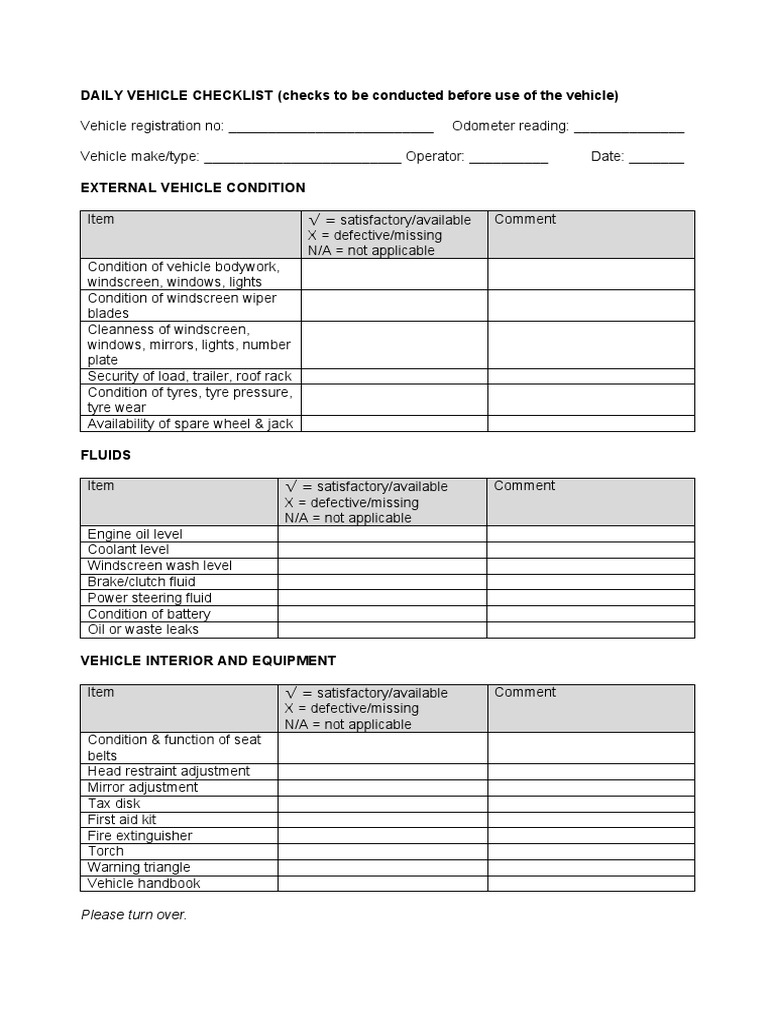 Daily Vehicle Checklist Template Word | PDF