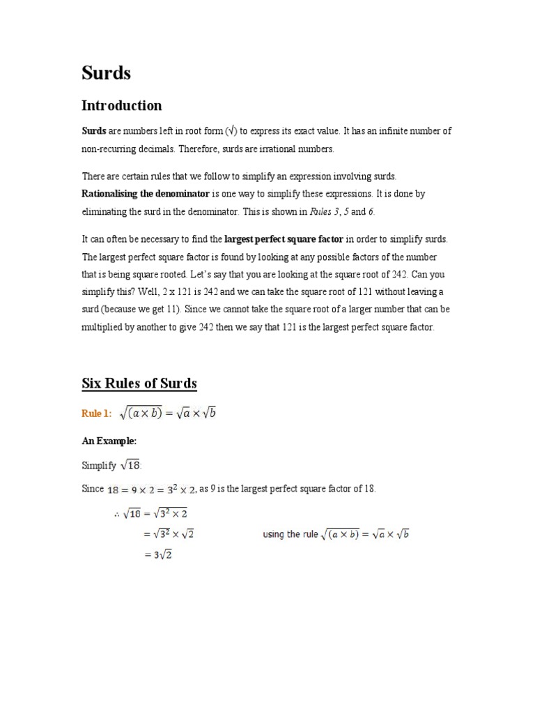 Introduction to Surds Rules | PDF