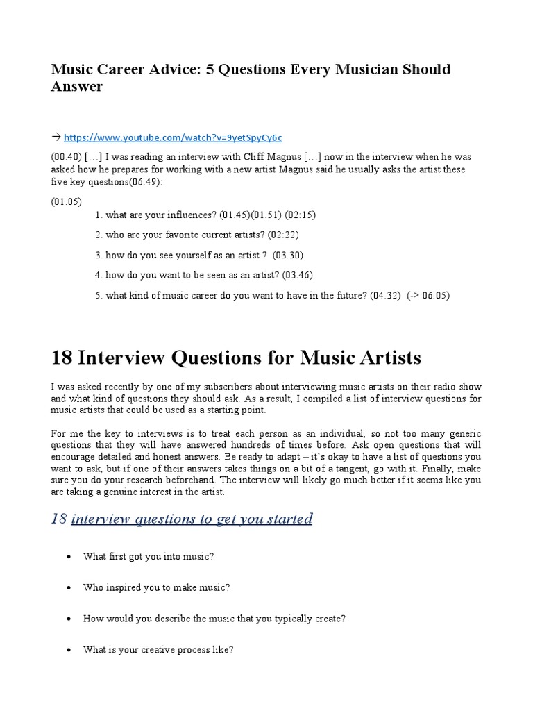 18 Interview Questions For Music Artists: Music Career Advice: 5 ...