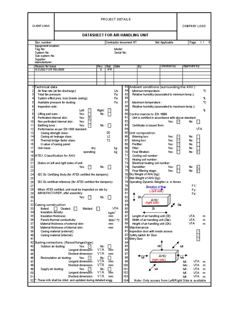AHU Datasheet Sample Detailed Page 1 of 6 1635440149 | PDF | Home Appliance | Civil Engineering