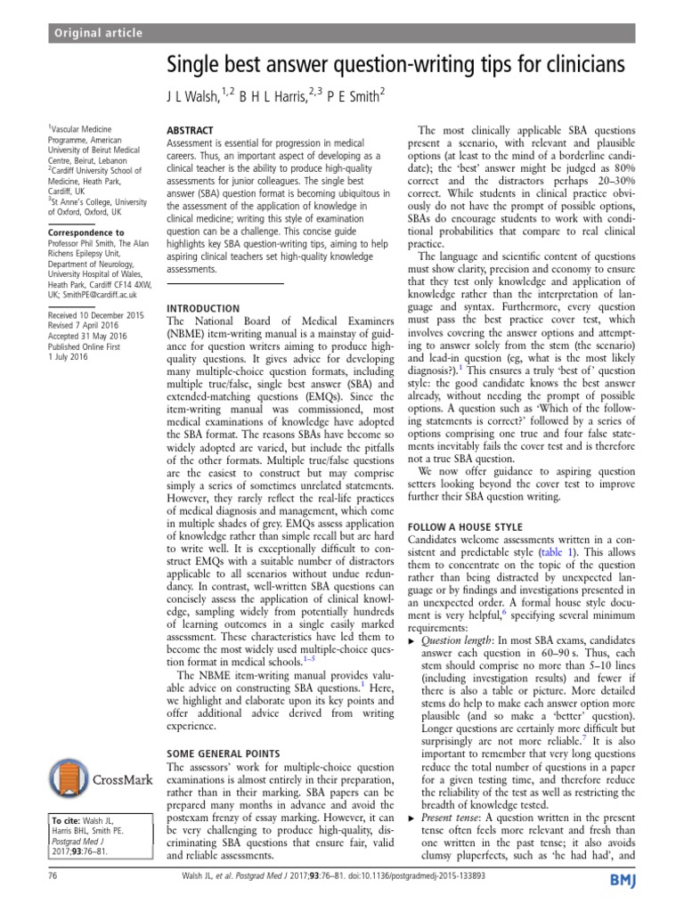 Single Best Answer Question-Writing Tips For Clinicians: J L Walsh, B H ...