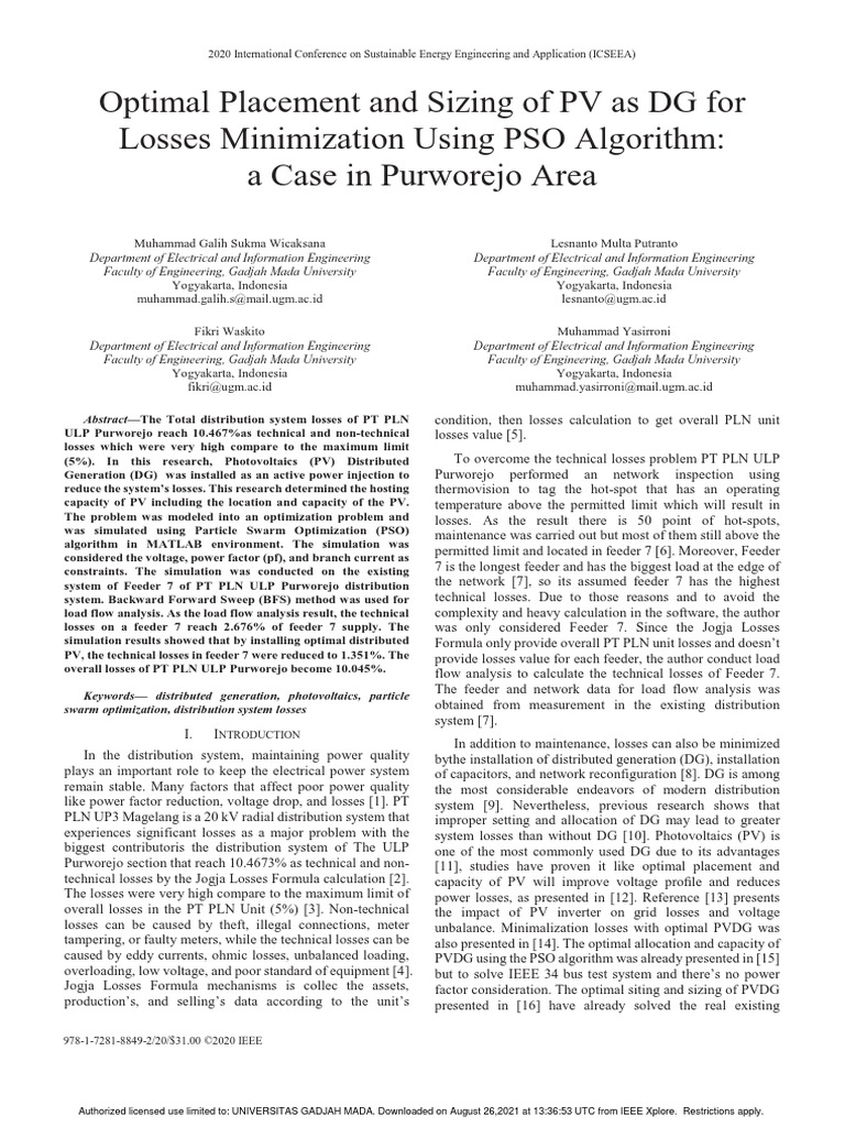Optimal Placement And Sizing Of Pv As Dg For Losses Minimization Using Pso Algorithm A Case In