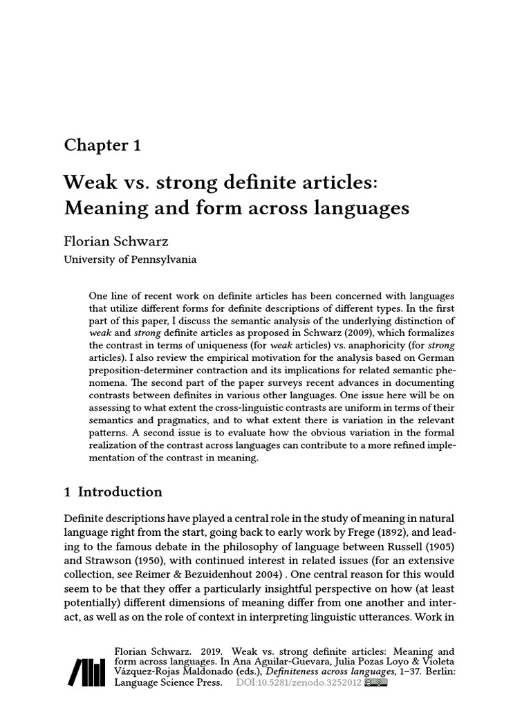 Weak vs. Strong Definite Articles: Meaning and Form Across Languages ...