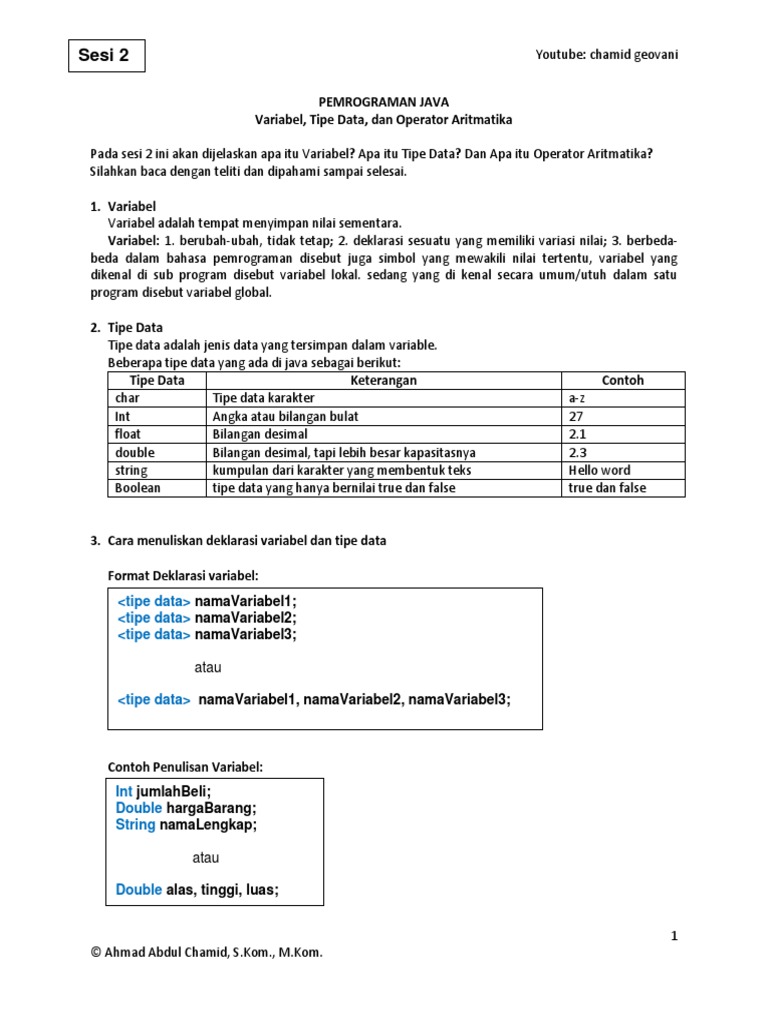 PEMROGRAMAN JAVA (Variabel Dan Tipe Data) | PDF