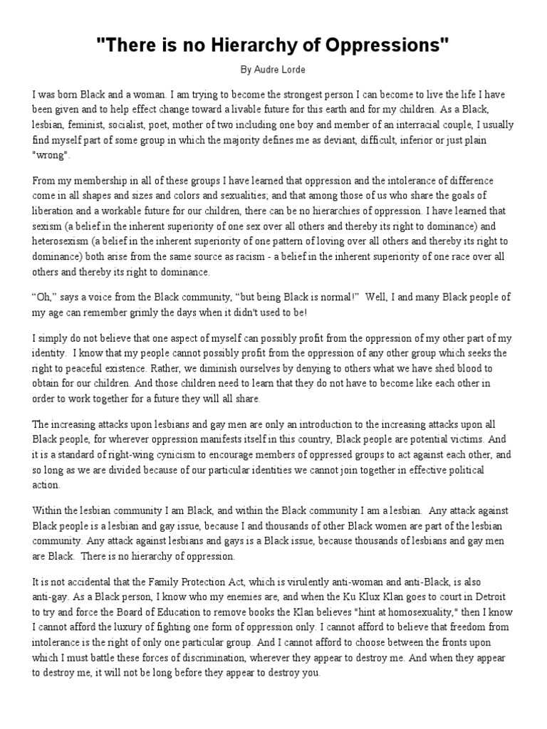 "There Is No Hierarchy of Oppressions": by Audre Lorde | PDF | Gender | Identity Politics