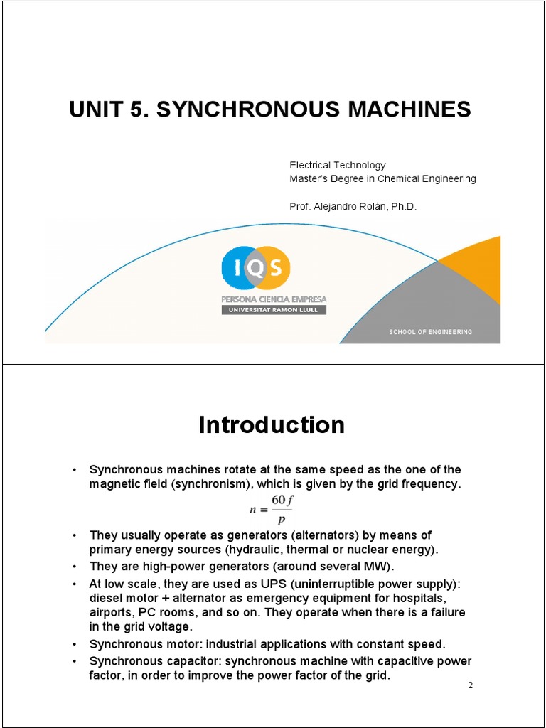 Unit 5. Synchronous Machines: Electrical Technology Master's Degree in Chemical Engineering Prof ...