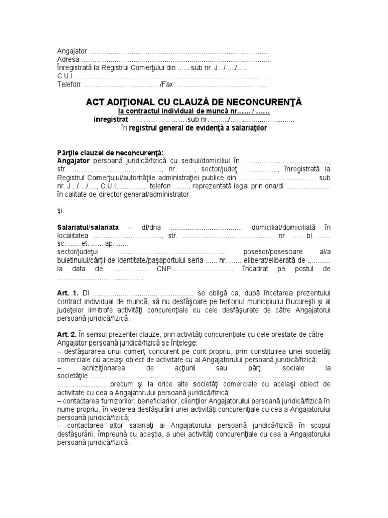 Act Aditional Cu Clauza de Neconcurenta | PDF