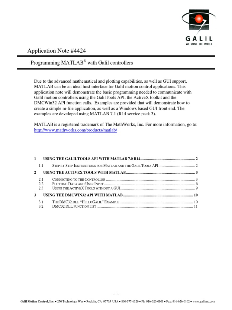 Application Note #4424: Programming MATLAB With Galil Controllers | PDF | Library (Computing ...