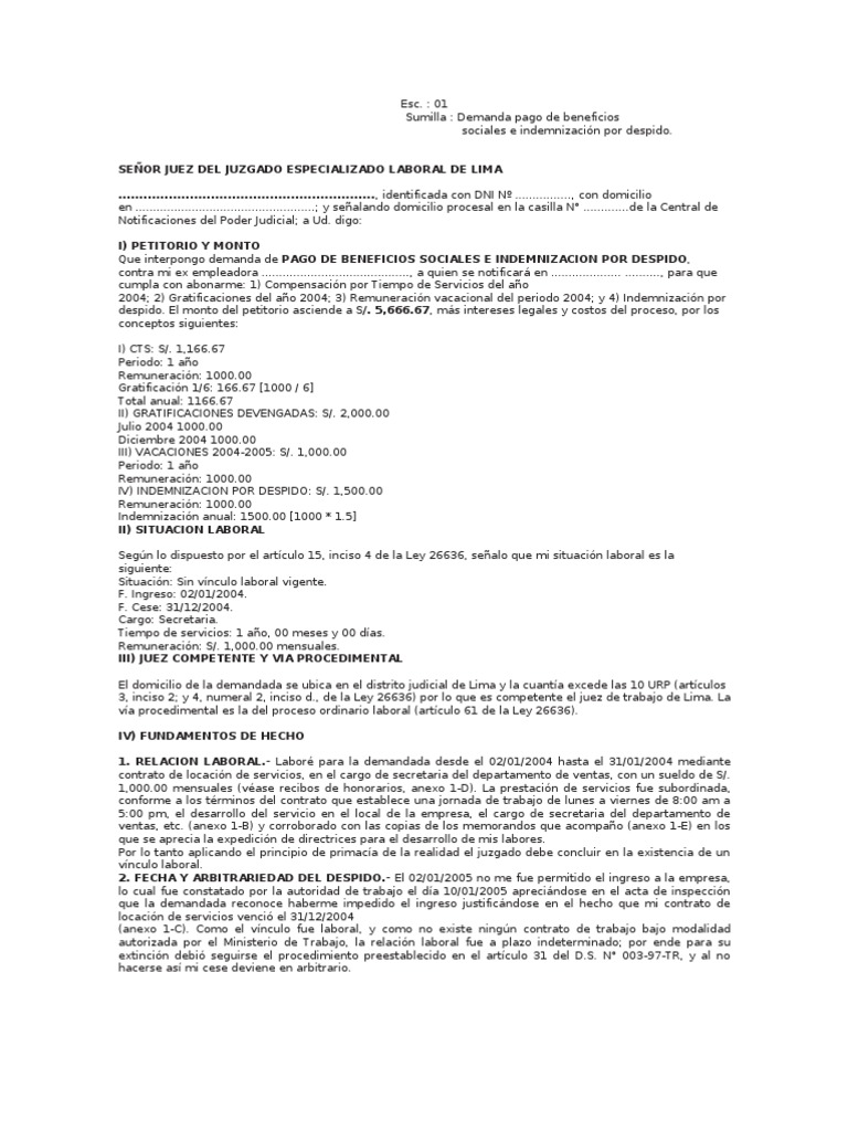 Modelo de Demanda de Pago de Beneficios Sociales | PDF | Salario | Relaciones laborales