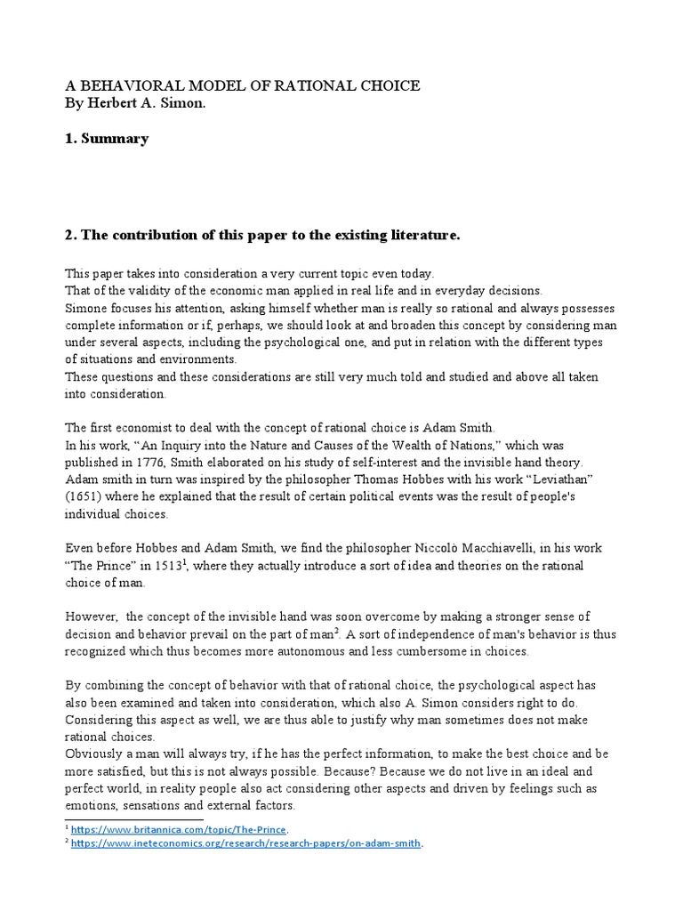 Summary: A Behavioral Model of Rational Choice by Herbert A. Simon ...