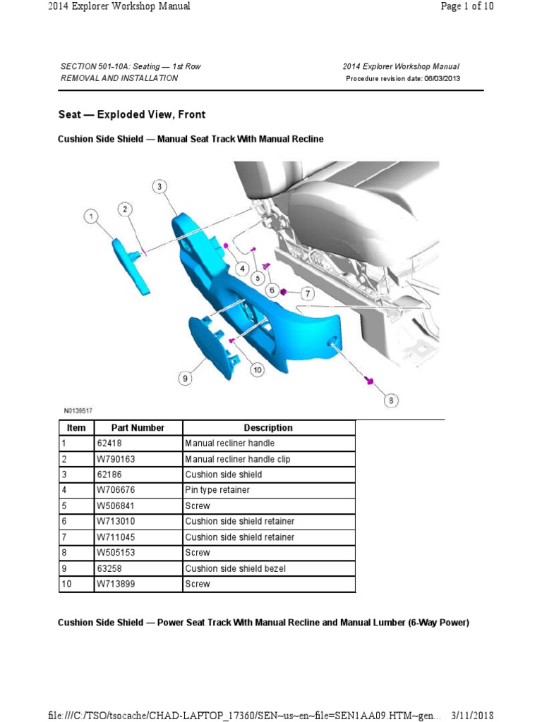 Seat - Exploded View, Front: Cushion Side Shield - Manual Seat Track ...