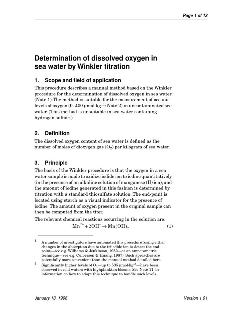 Determination of Dissolved Oxygen in Sea Water by Winkler Titration ...