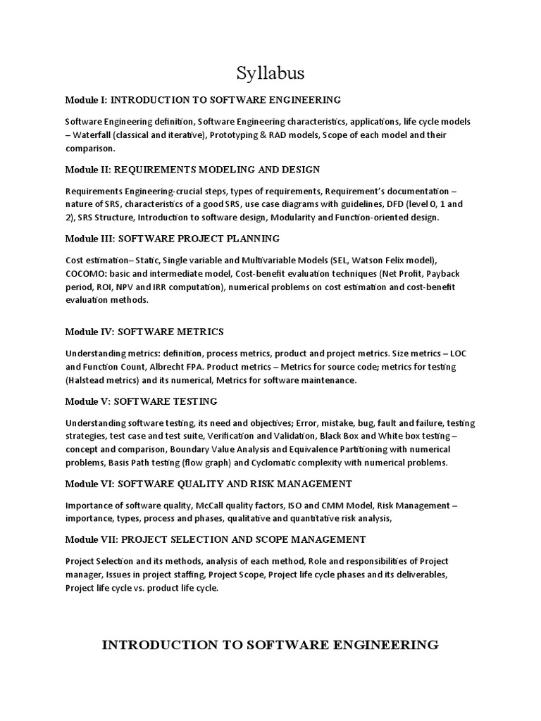 Introduction to Software Engineering Syllabus | PDF | Software ...