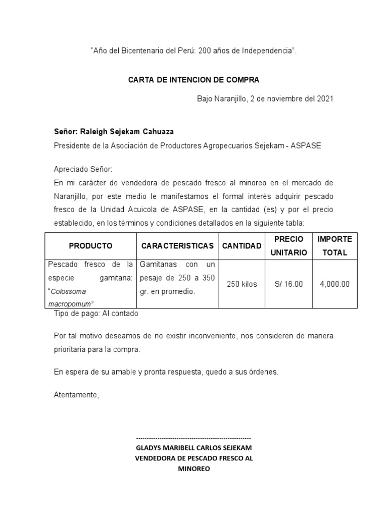 CARTA DE INTENCION DE COMPRA (Awajum) | PDF | Economias