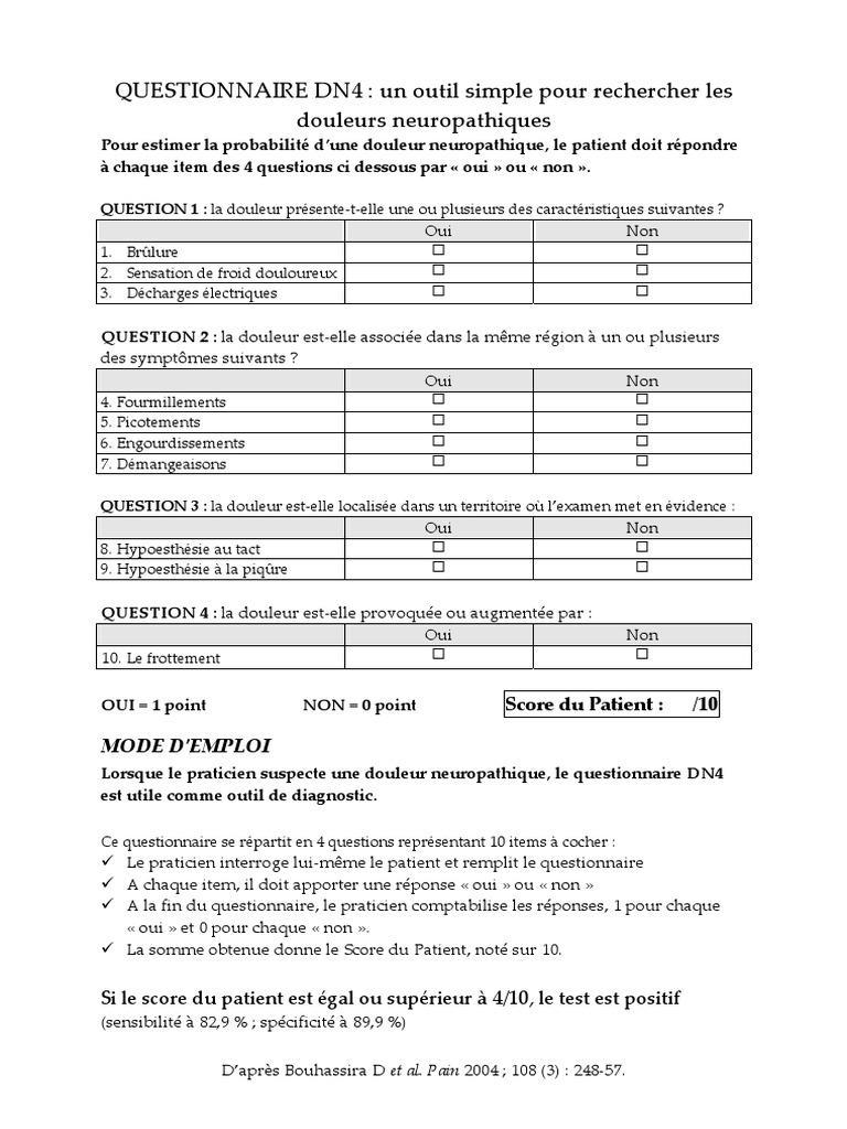 Questionnaire DN4 pour douleurs neuropathiques | PDF | Douleur | Médecine