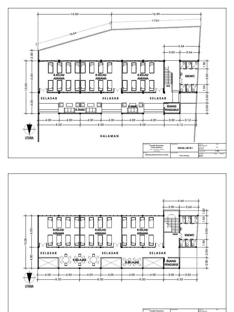 Floor plans and front elevation of a two-story dormitory building for ...