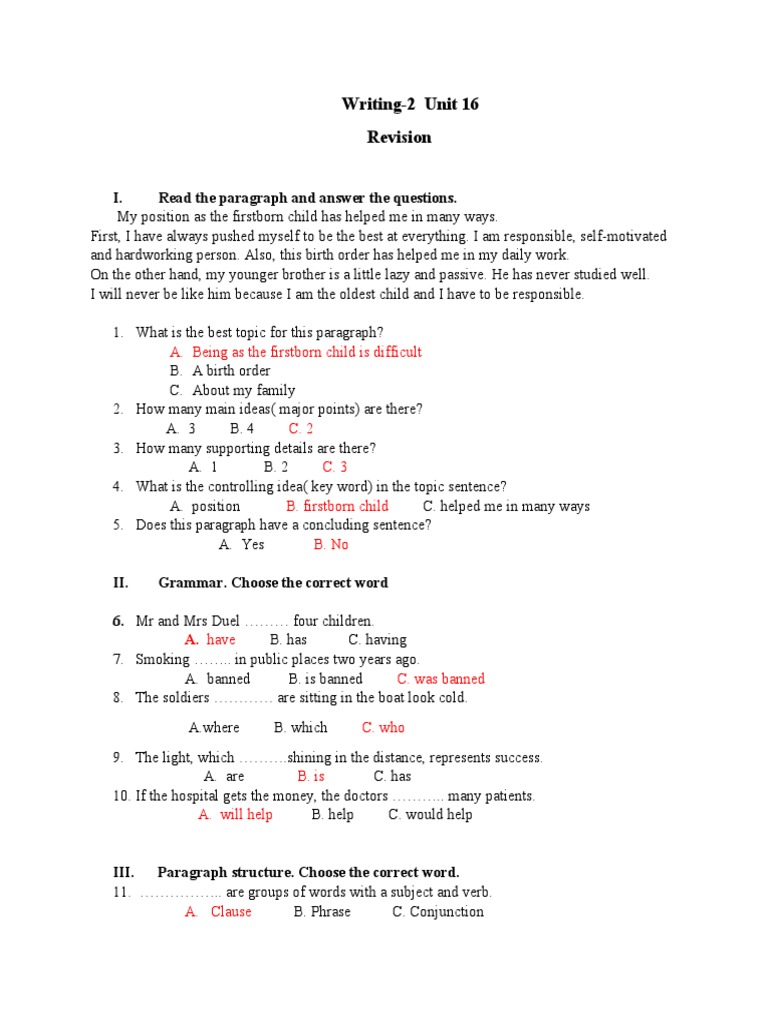 Writing-2 Unit 16 Revision: I. Read The Paragraph and Answer The ...
