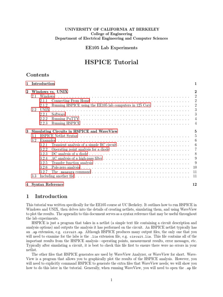 HSPICE Tutorial: EE105 Lab Experiments | PDF | Spice | Electrical Network