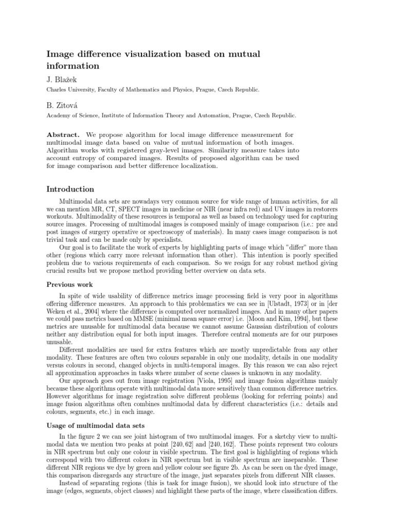 Image Difference Visualization Based On Mutual Information: J. Bla Zek ...