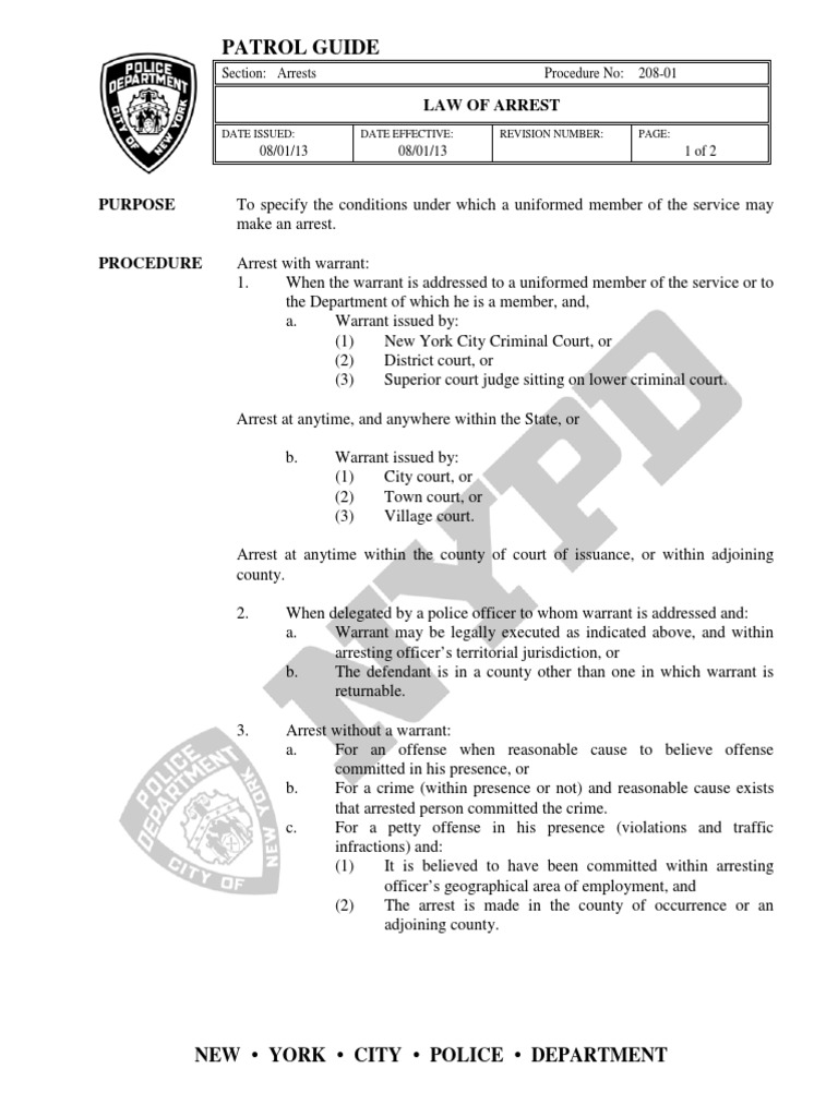 NYPD Patrol Guide | PDF | Arrest | Search Warrant