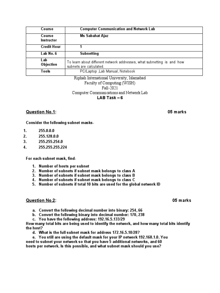 Ccn Lab 6 Task Pdf Internet Standards Computer Science