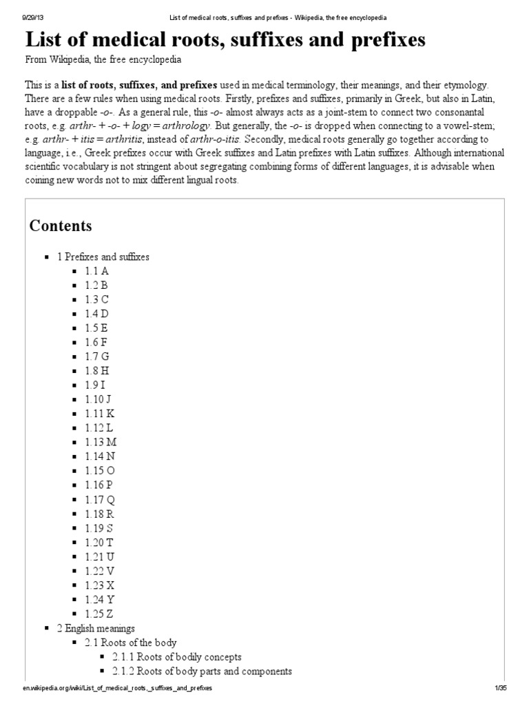 List of Medical Roots, Suffixes and Prefixes - Wikipedia, The Free ...