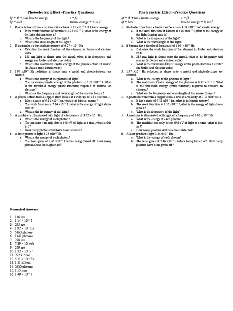 Photoelectric Effect Practice Quiz | PDF | Photoelectric Effect | Light